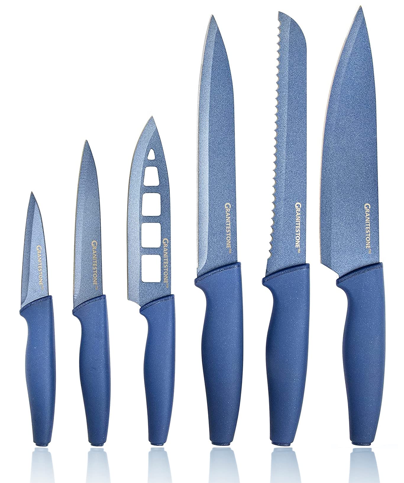 Nutriblade Knife Set with Block by Granitestone 6-Piece Professional Kitchen Chef’s Knives Ultra Sharp Stainless Steel Blades and Nonstick Granite Coating, Easy-Grip and Dishwasher-safe (Blue)