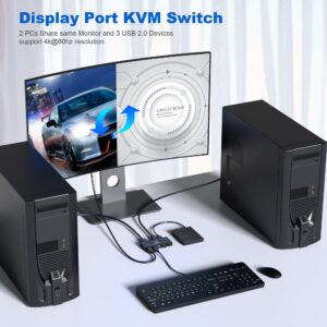 DiamondTiger KVM Switch DisplayPort - DP KVM Switch for 1 Monitor 2 Computers to Share Mouse, Keyboard, Printer, USB 2.0 Device and Ultra HD Monitor, Support 4K 60fps. Display Port Cable Included