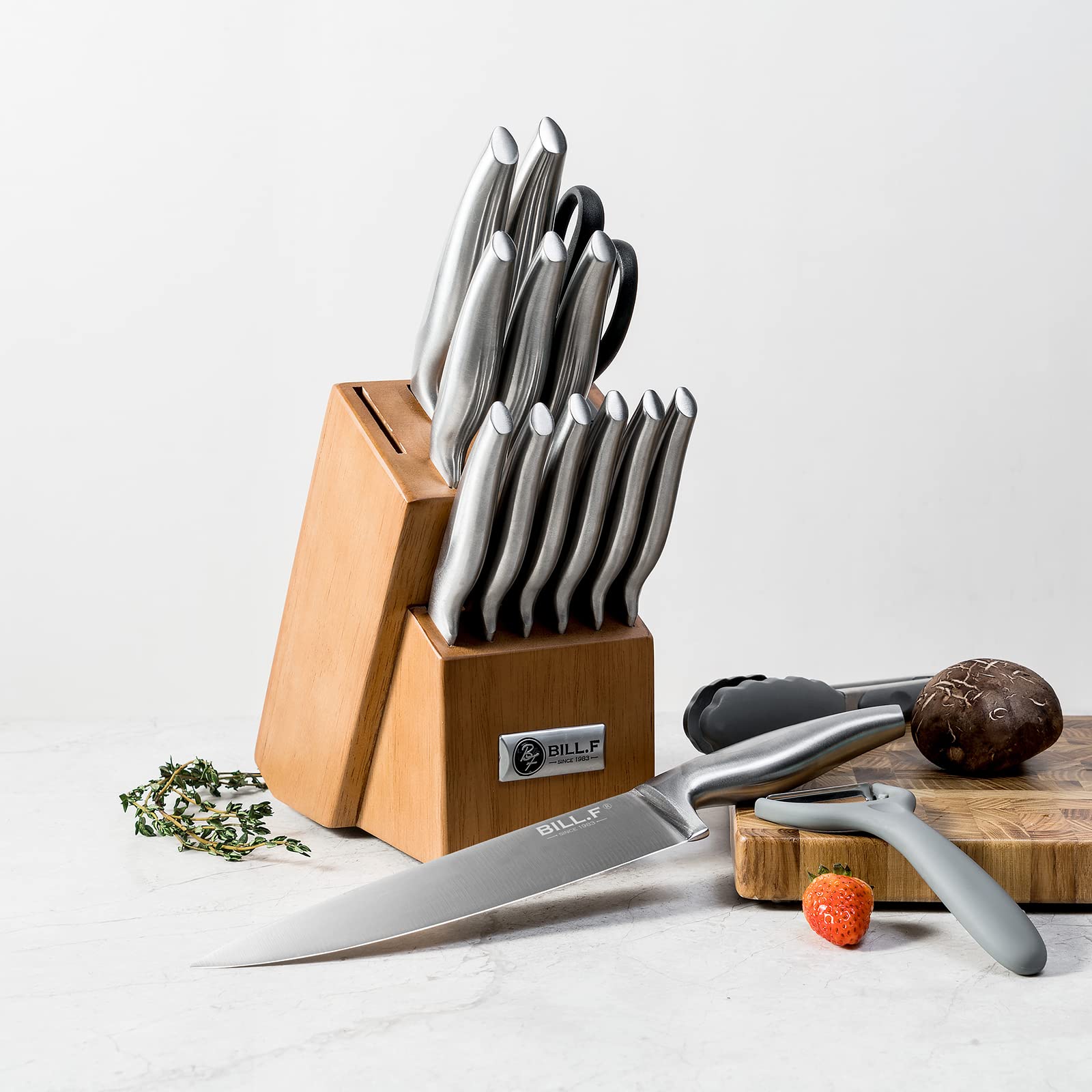 BILL.F Kitchen Knife Set,16 Pieces Stainless Steel Knife Block Sets Professional Ergonomically Knife Set with Sharpener and Wooden Block, Ultra Sharp Stainless Cutlery Knife Kitchen Tool Set