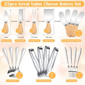 Cludoo 25Pcs Chesses Knife Set with Cheese Marker Cheese Butter Spreader Knife Set with Wooden Handle Knives Forks, Knives Spoons with Gift Box, Charcuterie Knife Set for Parties Dinners