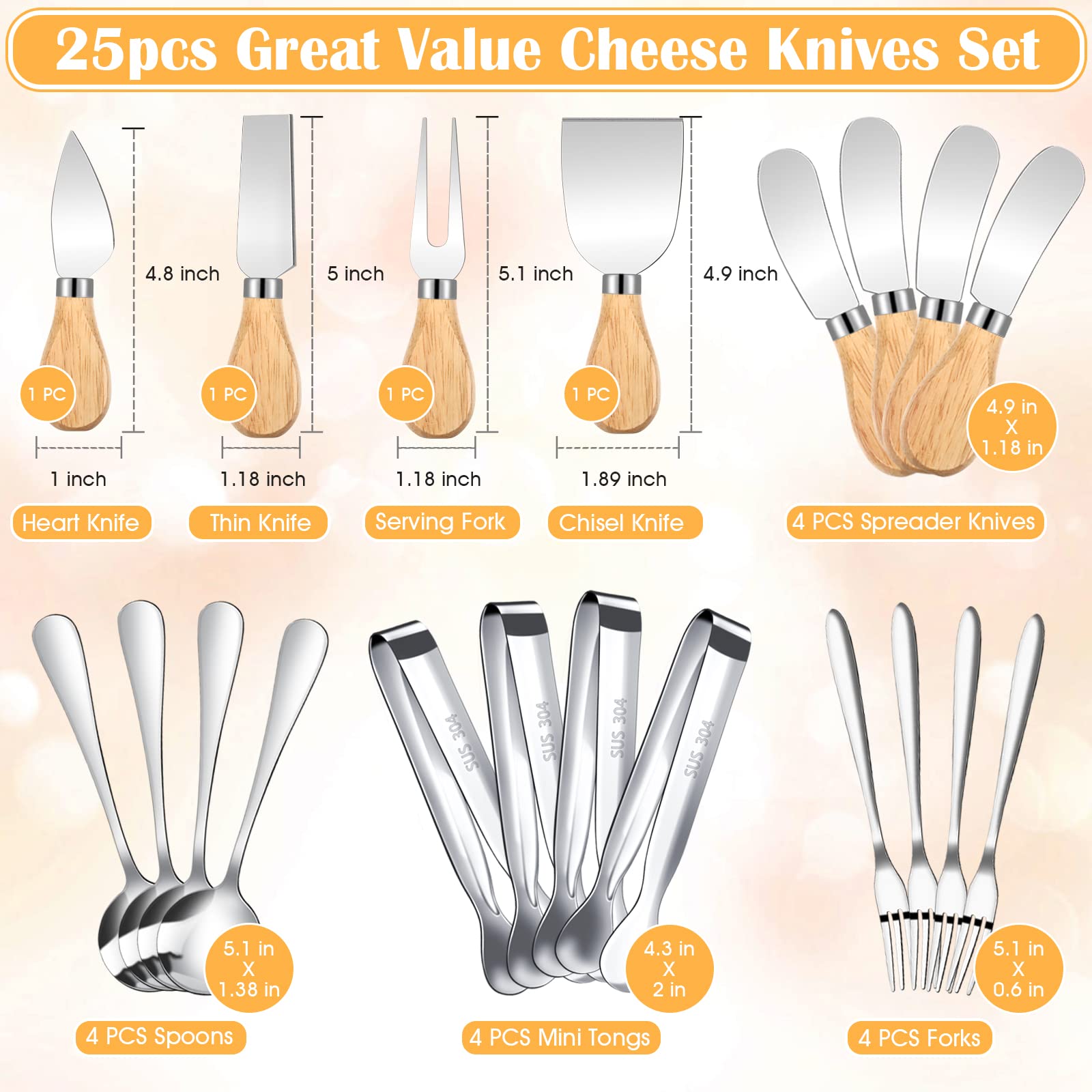 Cludoo 25Pcs Chesses Knife Set with Cheese Marker Cheese Butter Spreader Knife Set with Wooden Handle Knives Forks, Knives Spoons with Gift Box, Charcuterie Knife Set for Parties Dinners