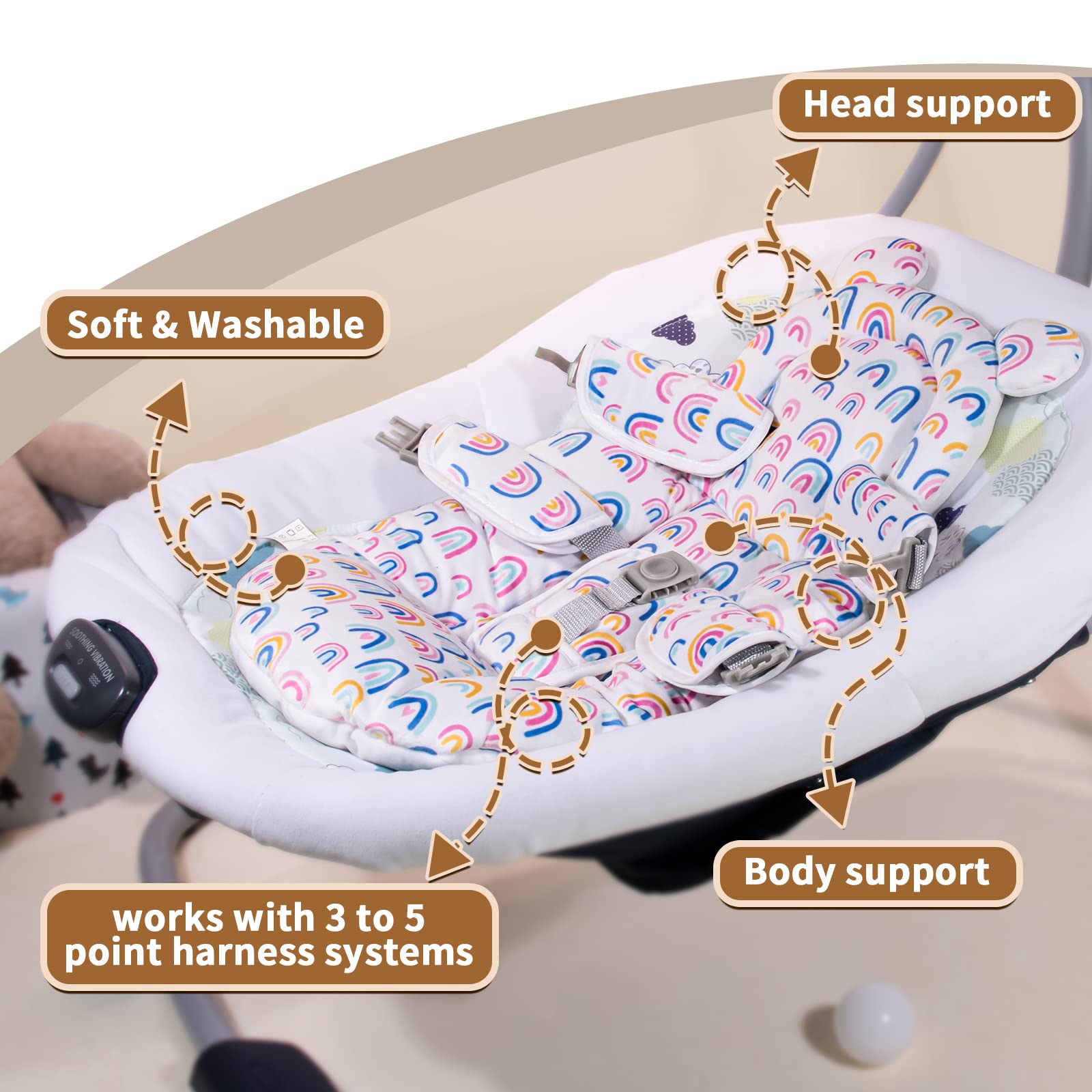 FEISIKE Infant Insert Compatible with Graco & 4moms mamaroo Systems, Include 5 Pcs Strap Pad, Head & Body Support Insert Cushion for Newborn to Toddler, Works for 3 to 5-Point Harness Systems, White