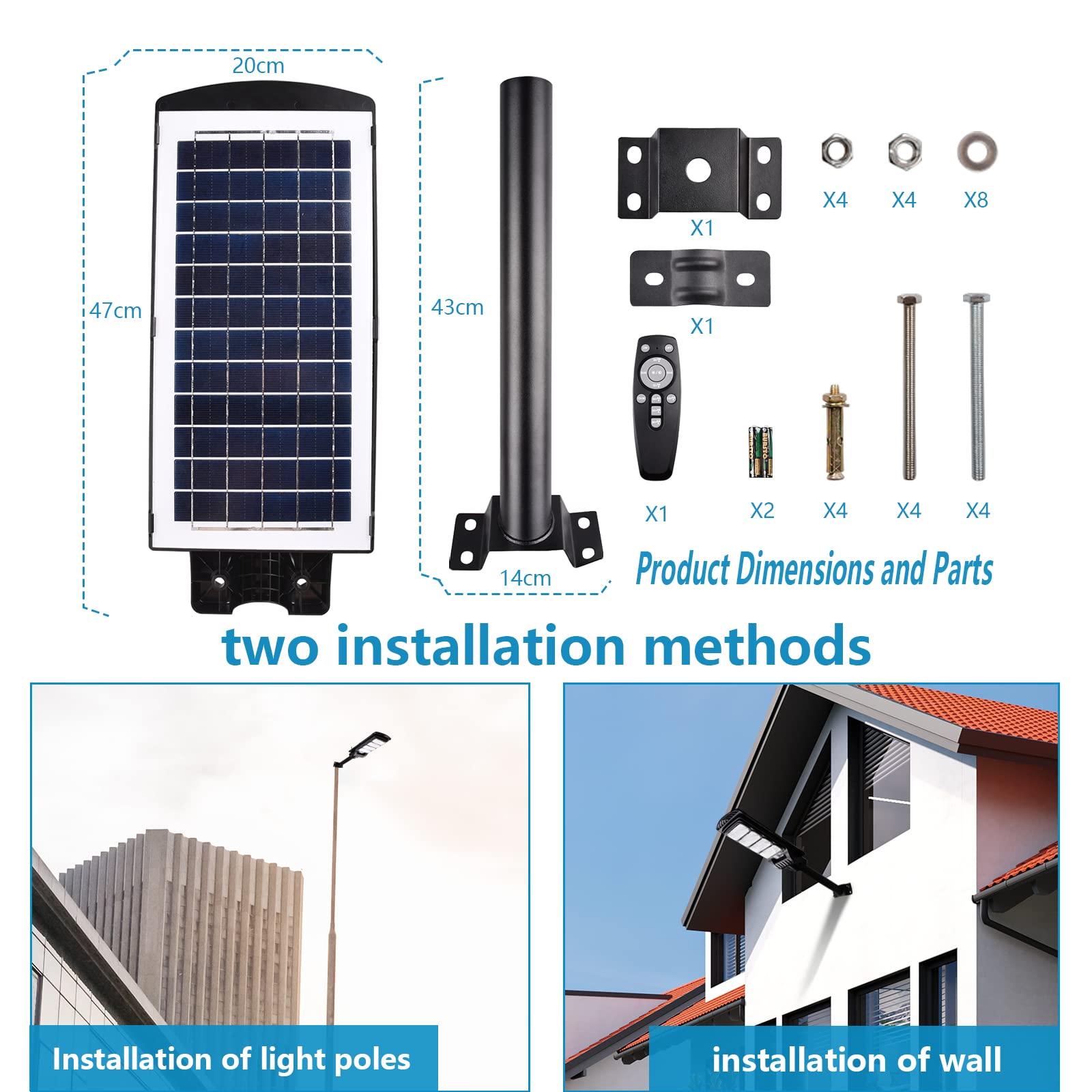 Solar Street Light 200W, Dusk to Dawn Outdoor Lighting with Remote Control 6000K IP65 Waterproof LED Flood Light with Motion Sensor & Pole for Street, Yard, Parking Lot, Driveway