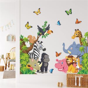 W-YANG Forest Animal Tree Wall Decals Elephant Zebra Giraffe Hippo Butterfly Lion Wall Sticker Great for Baby Nursery Kids Bedroom Playroom Living Room (Cartoon Forest Animal), Bright