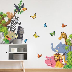 W-YANG Forest Animal Tree Wall Decals Elephant Zebra Giraffe Hippo Butterfly Lion Wall Sticker Great for Baby Nursery Kids Bedroom Playroom Living Room (Cartoon Forest Animal), Bright