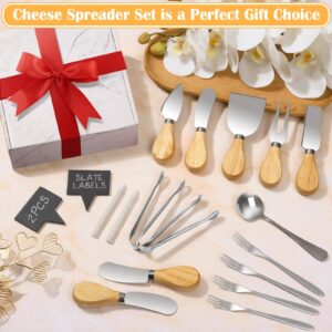 Cludoo 25Pcs Chesses Knife Set with Cheese Marker Cheese Butter Spreader Knife Set with Wooden Handle Knives Forks, Knives Spoons with Gift Box, Charcuterie Knife Set for Parties Dinners