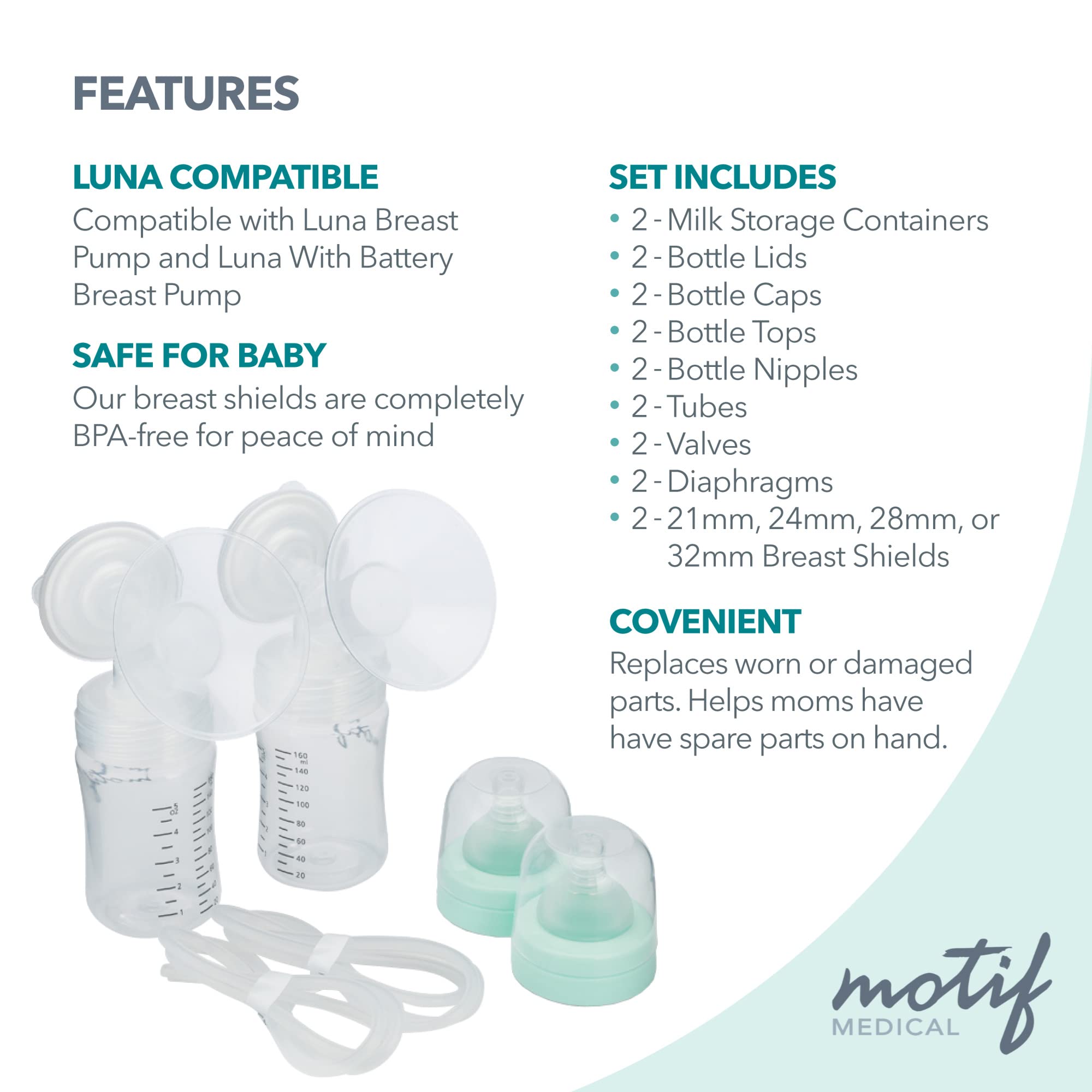 Motif Medical, Luna Double Pumping Kit, Replacement Parts for Breast Pump 21mm Clear