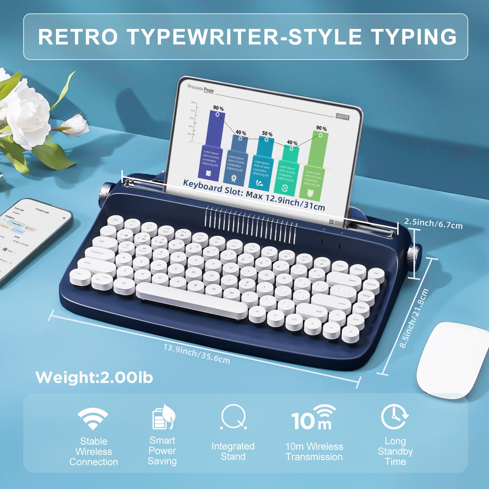 YUNZII ACTTO B303 Wireless Keyboard, Retro Bluetooth Aesthetic Typewriter Style Keyboard with Integrated Stand for Multi-Device (B303, Midnight)