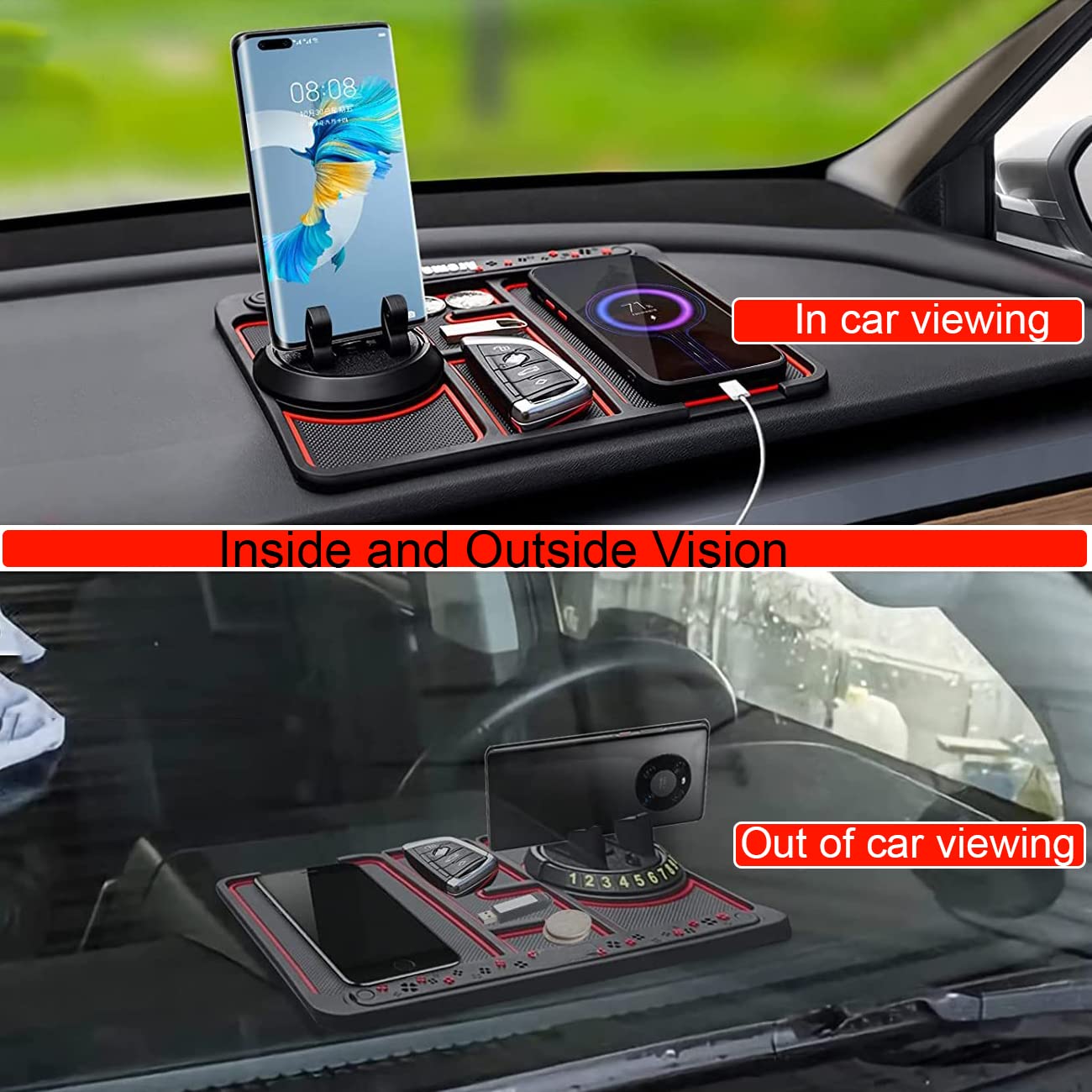 4 in 1 Non-Slip Phone Pad for Car, Anti-Slip Mat Car Phone Holder with Mount, Car Dashboard Accessories, Temporary Car Parking Card Number Plate and Aromatherapy