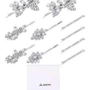 Janinka 10 Pieces Rhinestone Wedding Hair Clips Bridal Hair Pins Crystal Bobby Pins Silver Hairpin Barrette Leaf Flower Wedding Elegant Hair Accessories for Bride Women and Girls (Rhinestone style)