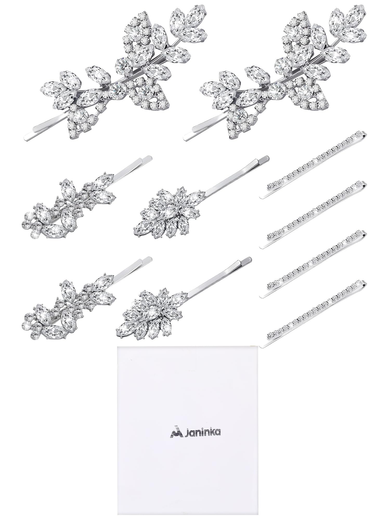 Janinka 10 Pieces Rhinestone Wedding Hair Clips Bridal Hair Pins Crystal Bobby Pins Silver Hairpin Barrette Leaf Flower Wedding Elegant Hair Accessories for Bride Women and Girls (Rhinestone style)