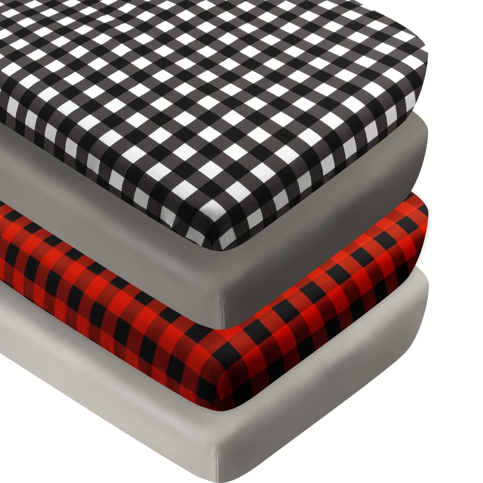 4 Pack Buffalo Check Plaid Neutral Unisex Fitted Baby Crib Sheets Set for Baby Boys or Girls (Black)