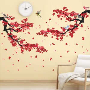 romantic red flowers wall decals 3d plum floral tree branches wall stickers diy removable peach cherry blossom birds wall decor for kids girls bedroom living room nursery office decoration dt-4978