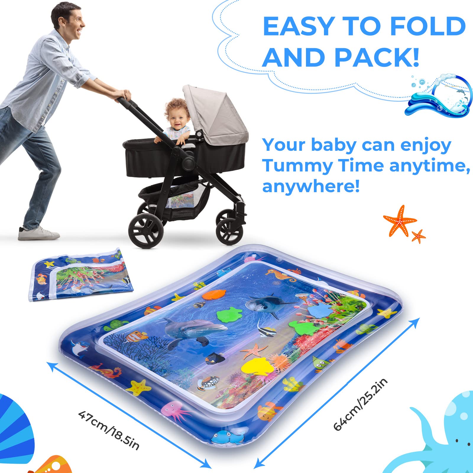 AURUZA Tummy Time Mat - Inflatable Baby Activity Mat, Premium Baby Water Mat Baby Toys for 3 6 9 12 Months, Funny Baby Activity Center Development of Hand-Eye Coordination, Portable