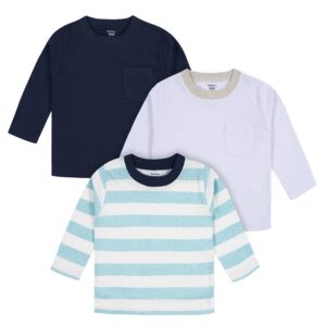 gerber baby boy's toddler 3-pack long sleeve pocket tees, blue stripes & solids, 12 months