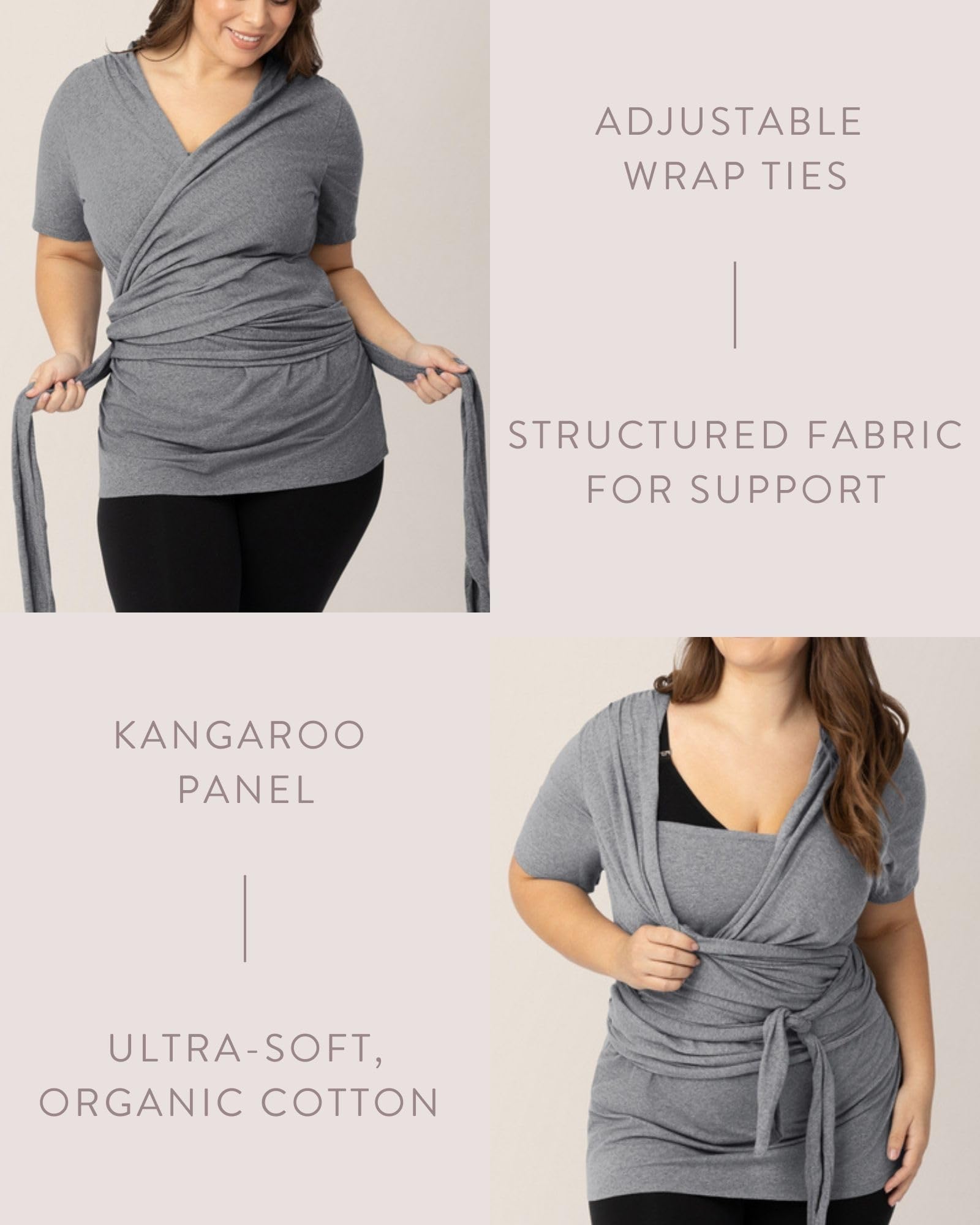 Kindred Bravely Organic Cotton Skin to Skin Wrap Top | Kangaroo Shirt for Mom and Baby (Grey Heather, Medium)