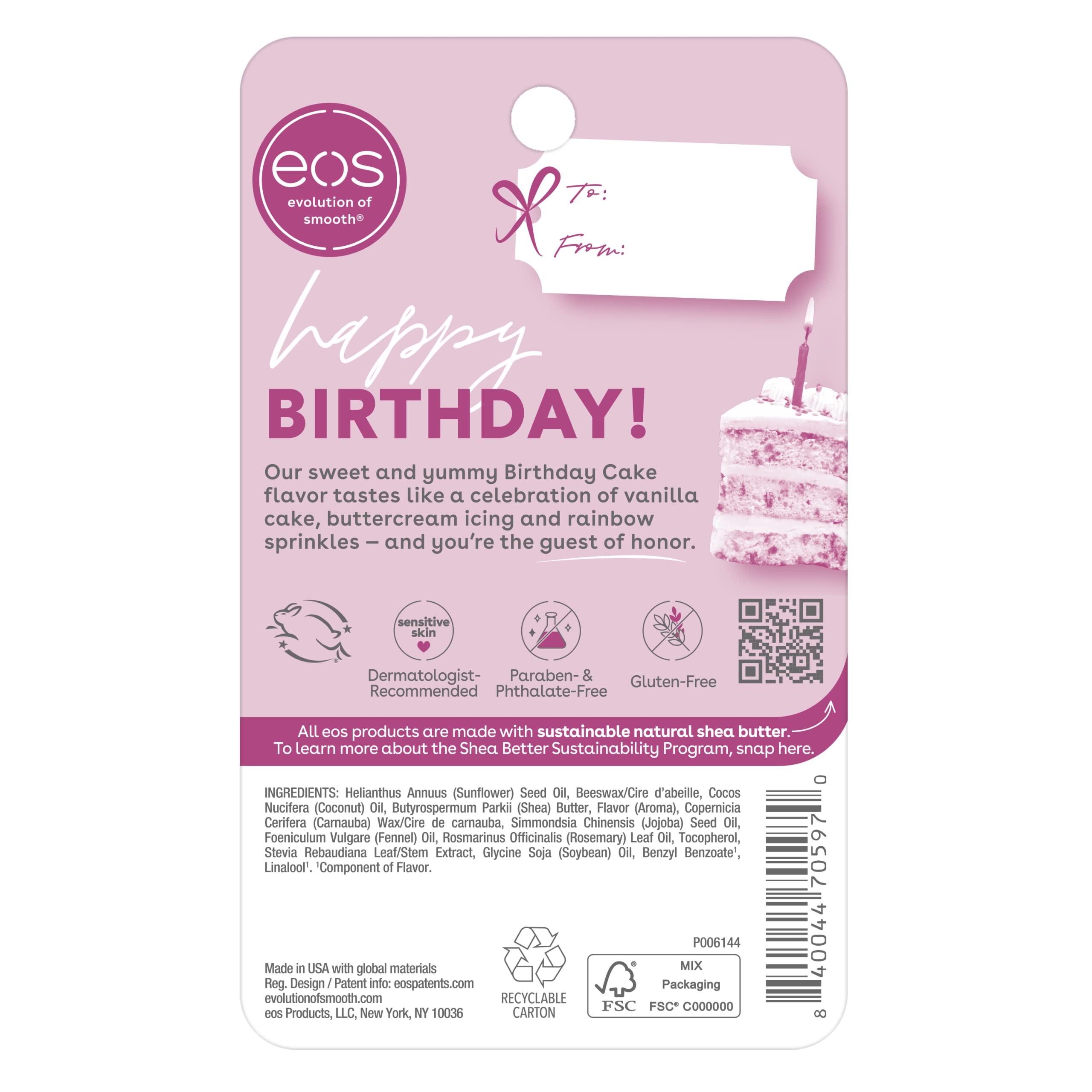 eos Natural Shea Lip Balm- Birthday Cake, All-Day Moisture Lip Care Products, 0.25 oz