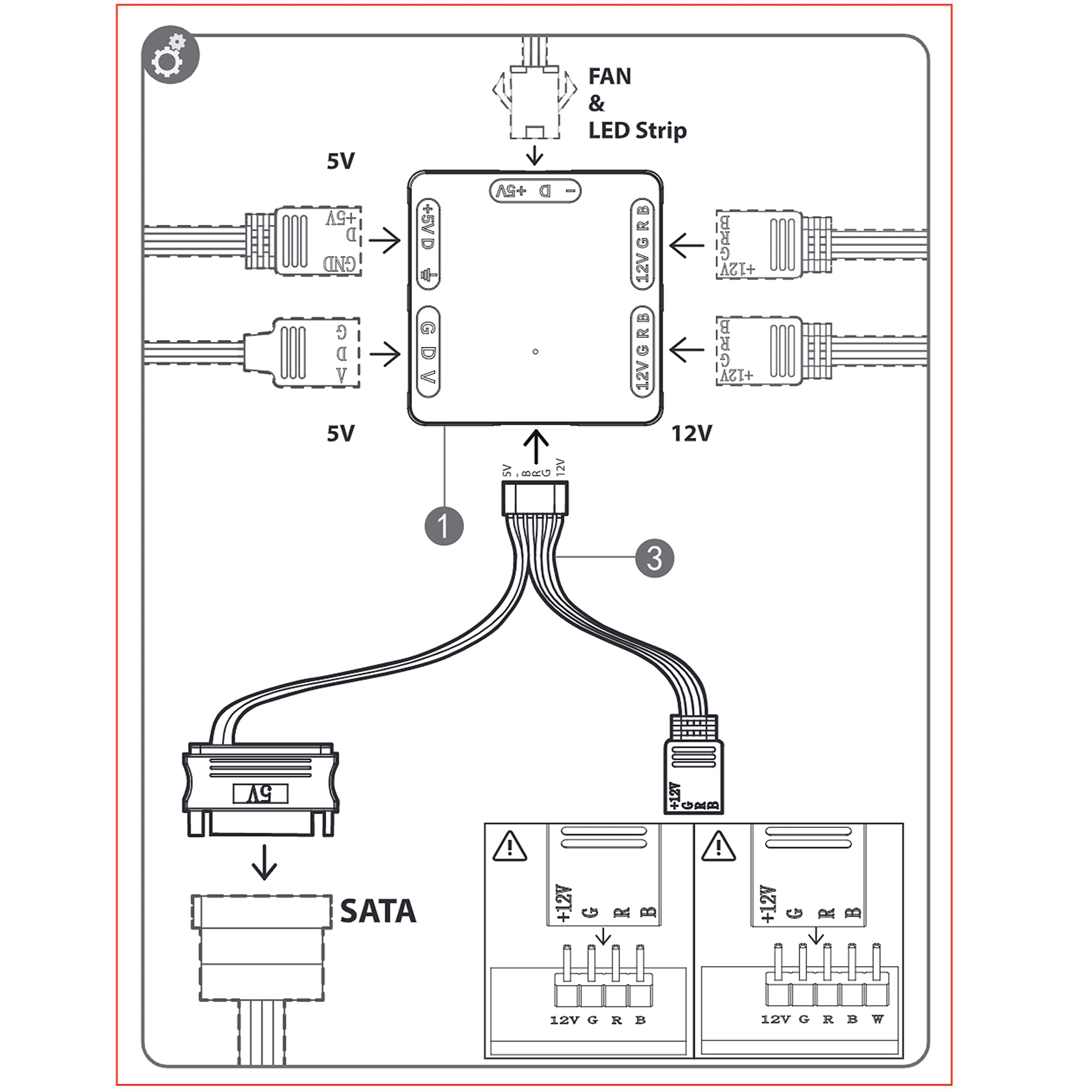 XMSJSIY 5V 3 Pin ARGB to 12V 4 Pin RGB Converter, 5V ADD-RGB to 12V RGB Motherboard Transfer Hub, with SATA Power cable