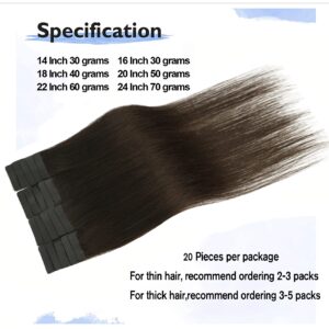 Dark Brown Tape in Hair Extensions Human Hair 100% Remy Human Hair Extensions Silky Straight for Fashion Women 20 Pcs/Package(14Inch #2 30g)