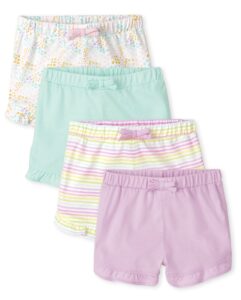 the children's place baby girls the children's place unisex basic everyday, 100% cotton, shorts casual pants, blue coral/pink sand/rainbow stripe/windflower - 4 pack, 3-6 months us