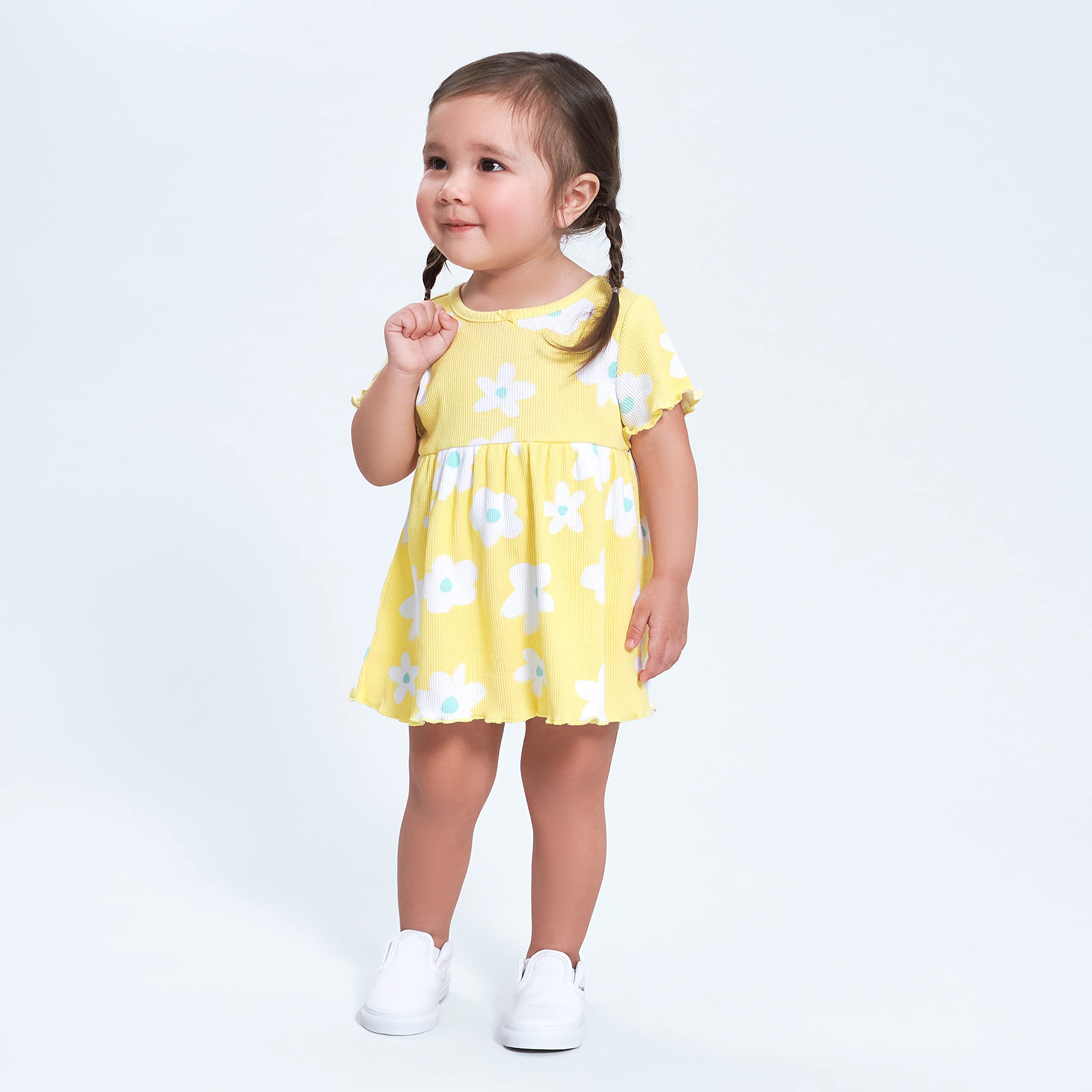 Gerber Baby Girls' 2-Pack Short Sleeve Cotton Dresses, Yellow Floral, 18 Months