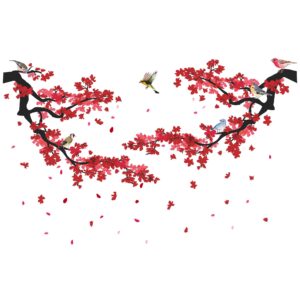 Romantic Red Flowers Wall Decals 3D Plum Floral Tree Branches Wall Stickers DIY Removable Peach Cherry Blossom Birds Wall Decor for Kids Girls Bedroom Living Room Nursery Office Decoration DT-4978