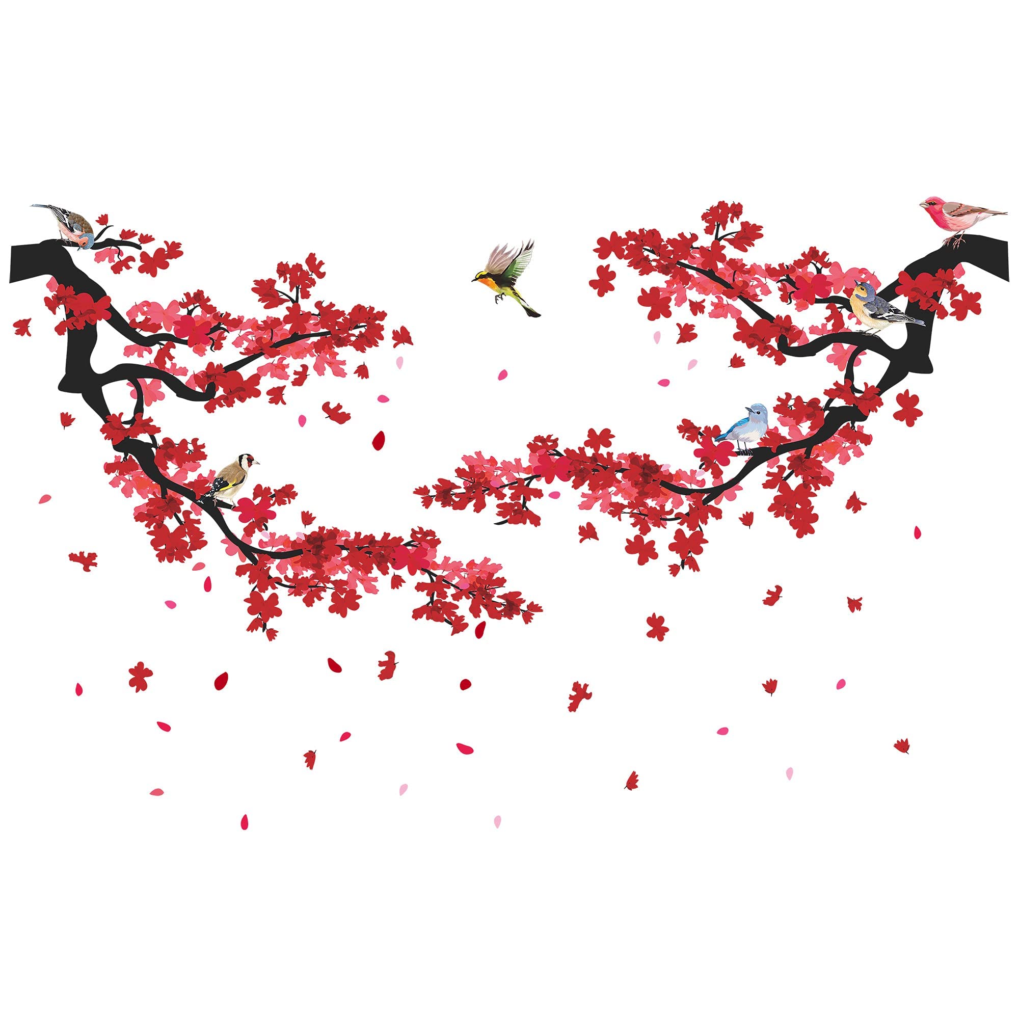 Romantic Red Flowers Wall Decals 3D Plum Floral Tree Branches Wall Stickers DIY Removable Peach Cherry Blossom Birds Wall Decor for Kids Girls Bedroom Living Room Nursery Office Decoration DT-4978