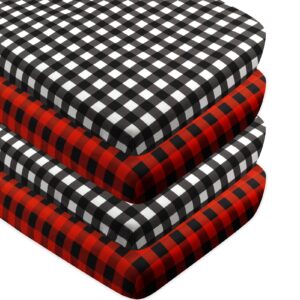 4 pack buffalo check plaid neutral unisex fitted baby crib sheets set for baby boys or girls (red)