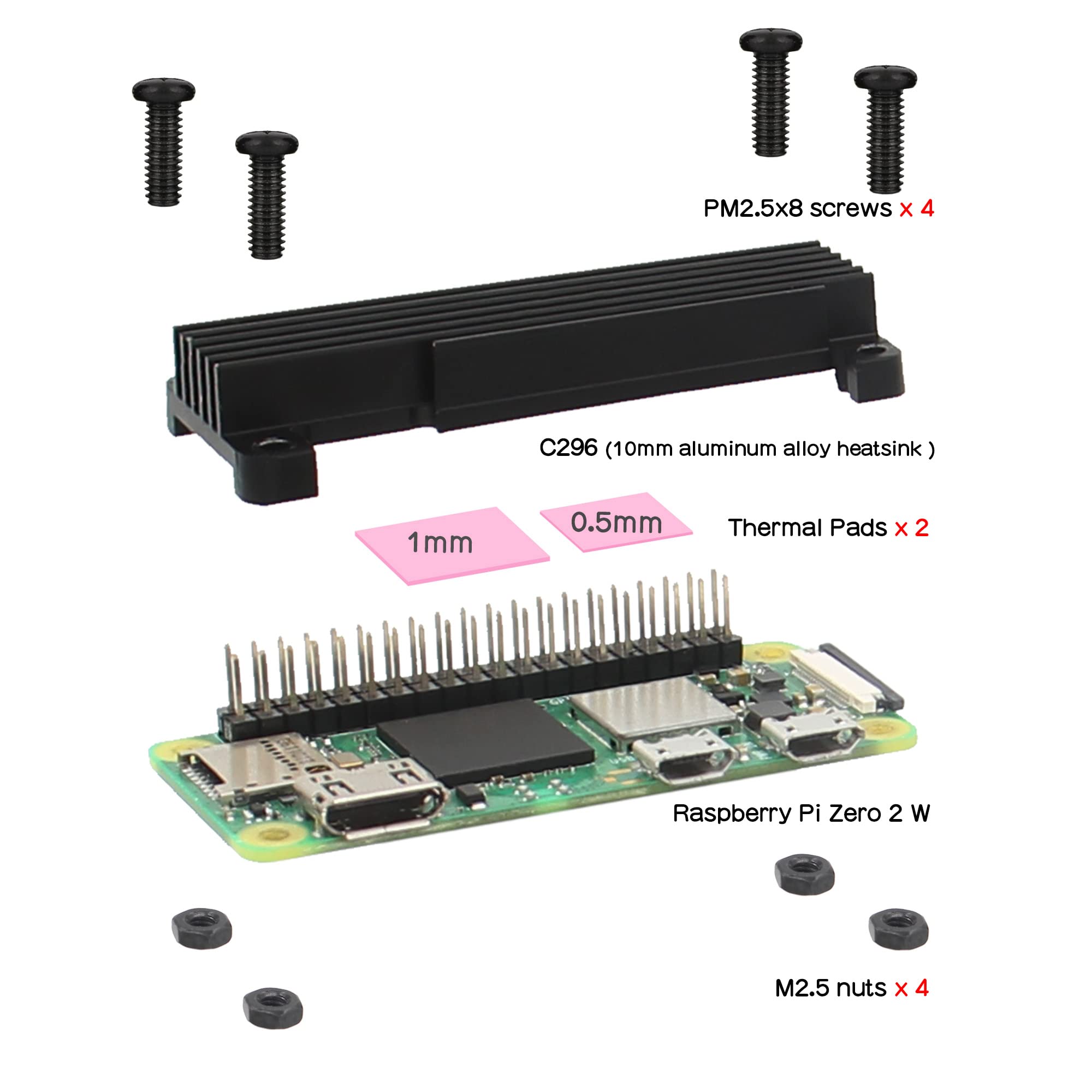 Geekworm Raspberry Pi Zero 2 W Heatsink C296, 10mm Aluminumn Alloy Heatsink Radiator Compatible with Raspberry Pi Zero 2W / Pi Zero W/Pi Zero