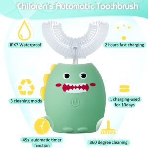 Potchen Kids U Electric Toothbrush, Kids Electric Toothbrush with 2 Brush Heads Ultrasonic Electric Toothbrush Kids Automatic Timer Tooth Brush 2-7 Years for Children(Dinasuar)