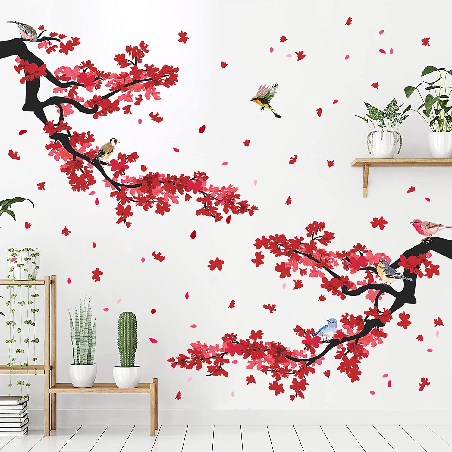 Romantic Red Flowers Wall Decals 3D Plum Floral Tree Branches Wall Stickers DIY Removable Peach Cherry Blossom Birds Wall Decor for Kids Girls Bedroom Living Room Nursery Office Decoration DT-4978