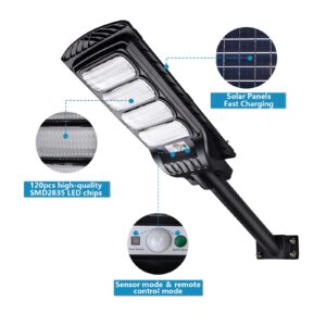 Solar Street Light 200W, Dusk to Dawn Outdoor Lighting with Remote Control 6000K IP65 Waterproof LED Flood Light with Motion Sensor & Pole for Street, Yard, Parking Lot, Driveway