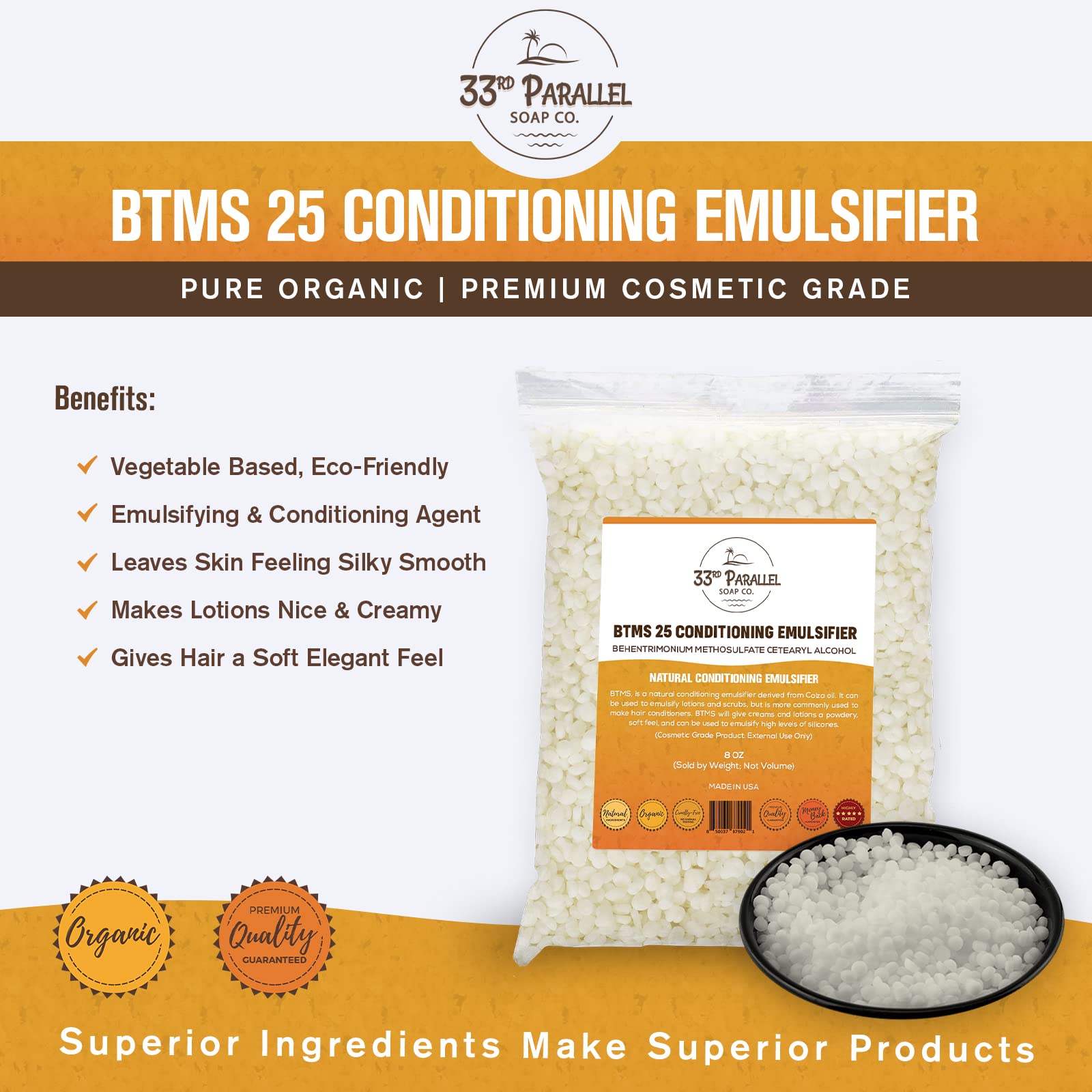 33RD PARALLEL | BTMS 25 (4 oz) Conditioning Emulsifier | Behentrimonium Methosulfate Cetearyl Alcohol Emulsifying Conditioner | (4 Ounces)