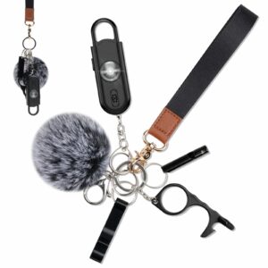 safety keychain set for women with personal safety alarm, safety keychain accessories with security alarm keychain with strobe led light, hand wrist lanyard key chain holder, cute pom pom and whistle