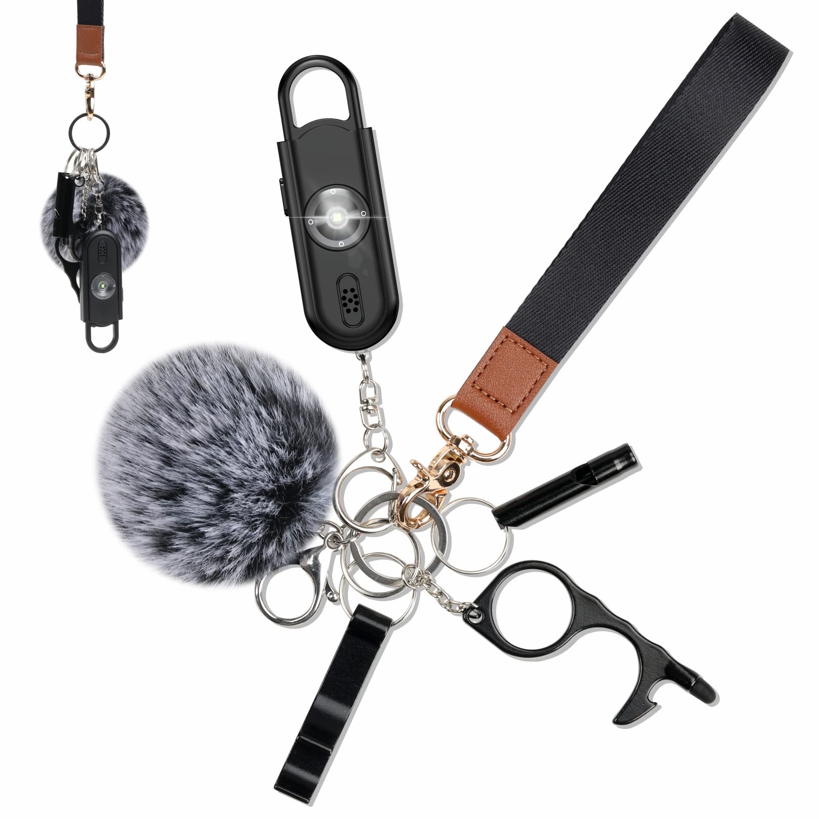 Safety Keychain Set for Women with Personal Safety Alarm, Safety Keychain Accessories with Security Alarm Keychain with Strobe LED Light, Hand Wrist Lanyard Key Chain Holder, Cute Pom Pom and Whistle