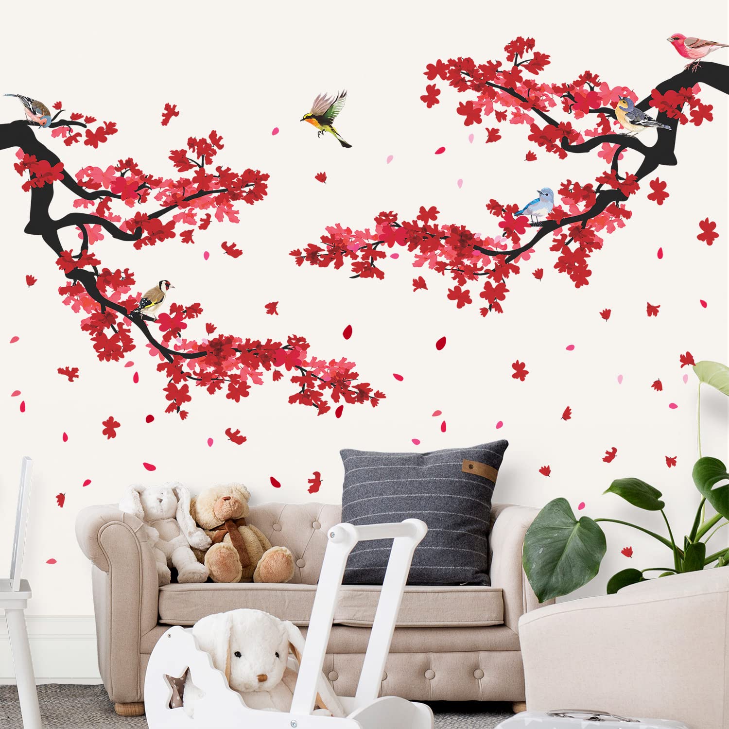 Romantic Red Flowers Wall Decals 3D Plum Floral Tree Branches Wall Stickers DIY Removable Peach Cherry Blossom Birds Wall Decor for Kids Girls Bedroom Living Room Nursery Office Decoration DT-4978