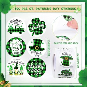 500 Pieces St. Patrick's Day Stickers Irish Shamrock Lucky Clover Stickers Round Irish Self Adhesive Tag Seals Labels for St. Patrick's Day Party Bags Boxes Wrap Cards Bottles Envelopes, 1.5 Inch