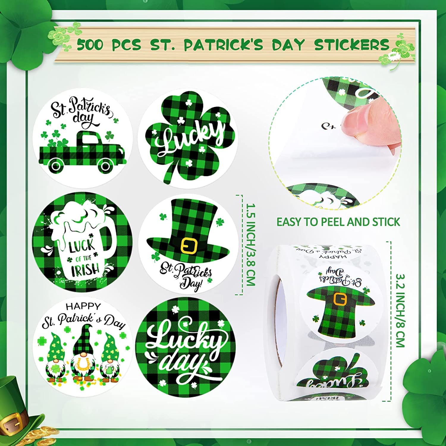 500 Pieces St. Patrick's Day Stickers Irish Shamrock Lucky Clover Stickers Round Irish Self Adhesive Tag Seals Labels for St. Patrick's Day Party Bags Boxes Wrap Cards Bottles Envelopes, 1.5 Inch