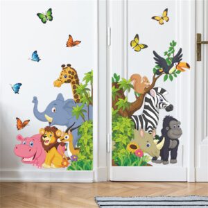 W-YANG Forest Animal Tree Wall Decals Elephant Zebra Giraffe Hippo Butterfly Lion Wall Sticker Great for Baby Nursery Kids Bedroom Playroom Living Room (Cartoon Forest Animal), Bright