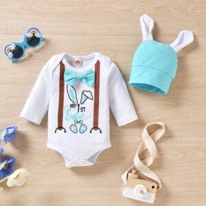 MINIFEIKO My First Easter Outfit Preemie Newborn Infant Baby Boy Long Sleeve Bow Tie Romper Bunny Pants Sets with Hat 1st Easter Day Bodysuit (White, 12 Months)