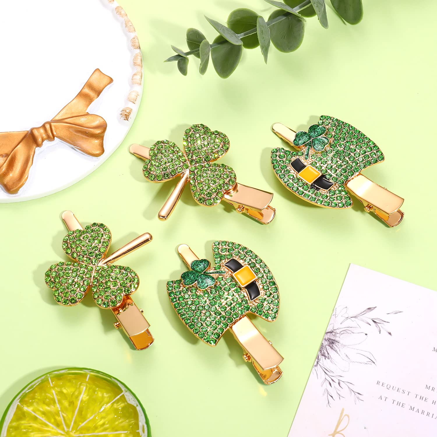 St. Patrick’s Day Hair Clips Accessories Festival Rhinestone Shamrock Hair Clips for Women Girls Green Irish Lucky Clove Leprechaun Top Hat Charm Hairpins st.patricks day jewelry Party Favor Costume