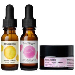 mad hippie skin brightening kit, daily skincare routine with triple c night cream, aha exfoliating peel, and vitamin c serum