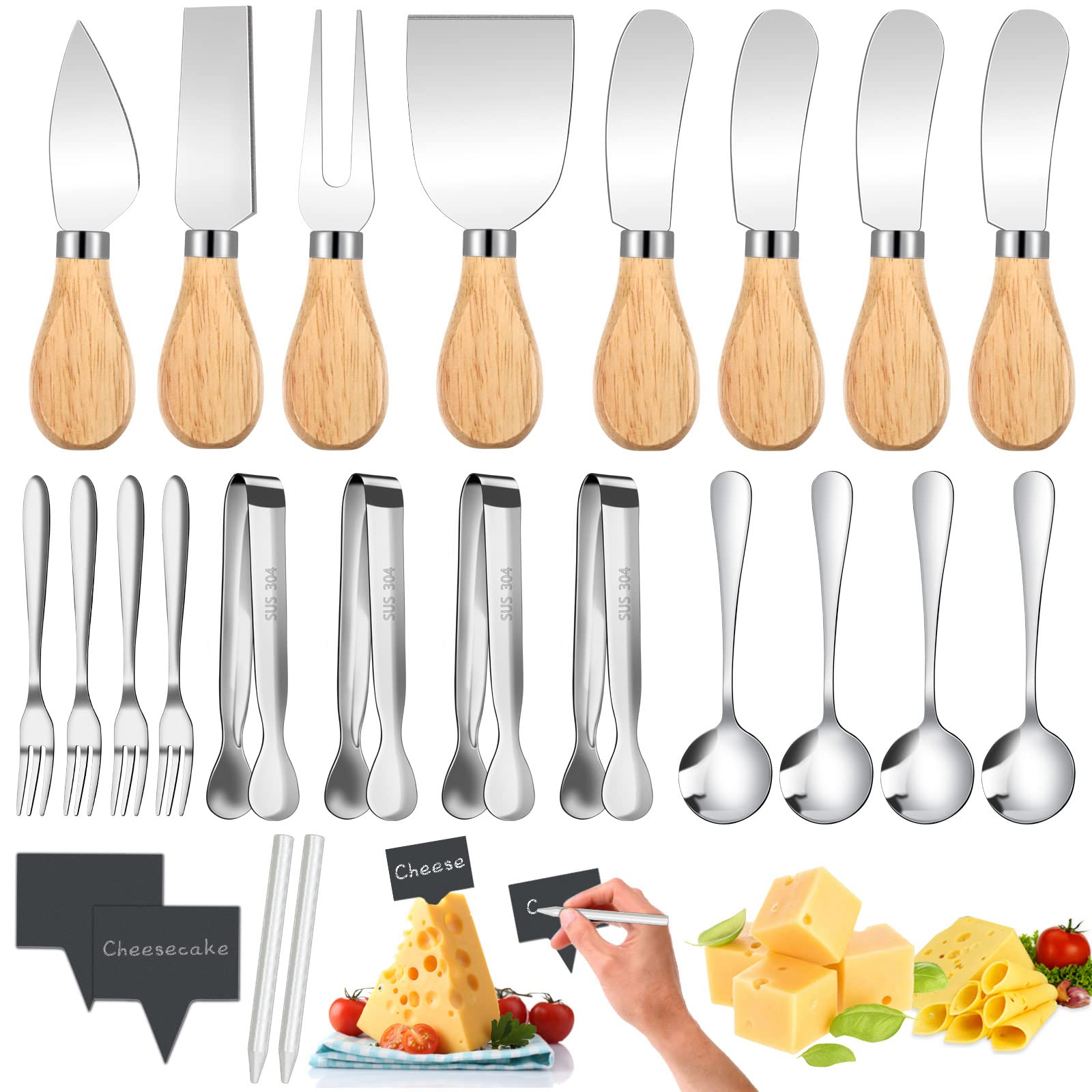 Cludoo 25Pcs Chesses Knife Set with Cheese Marker Cheese Butter Spreader Knife Set with Wooden Handle Knives Forks, Knives Spoons with Gift Box, Charcuterie Knife Set for Parties Dinners