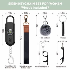 Safety Keychain Set for Women with Personal Safety Alarm, Safety Keychain Accessories with Security Alarm Keychain with Strobe LED Light, Hand Wrist Lanyard Key Chain Holder, Cute Pom Pom and Whistle