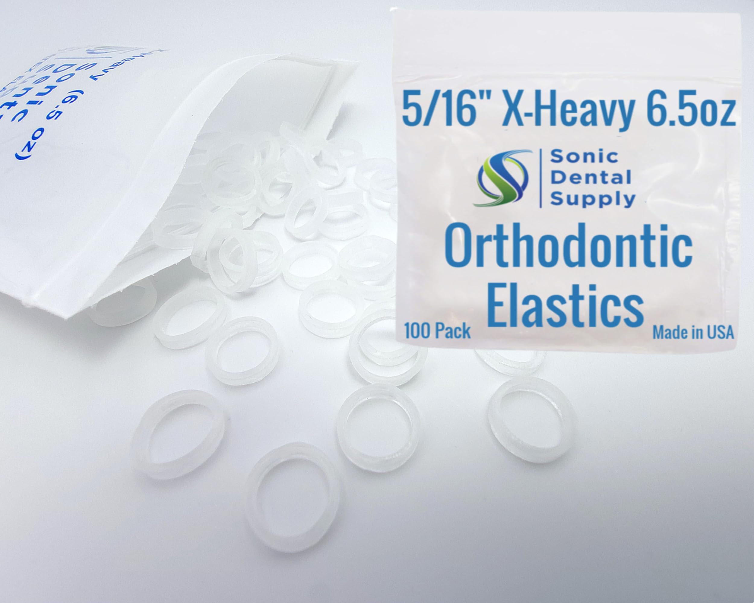 5/16 inch X-Heavy 6.5 oz - Orthodontic Elastic Rubber Bands - 100 Pack - Clear Latex Free, Small, Braces, Dreadlocks Hair Braids, Tooth Gap, Packaging, Crafts, Sonic Dental Supply - Made in USA