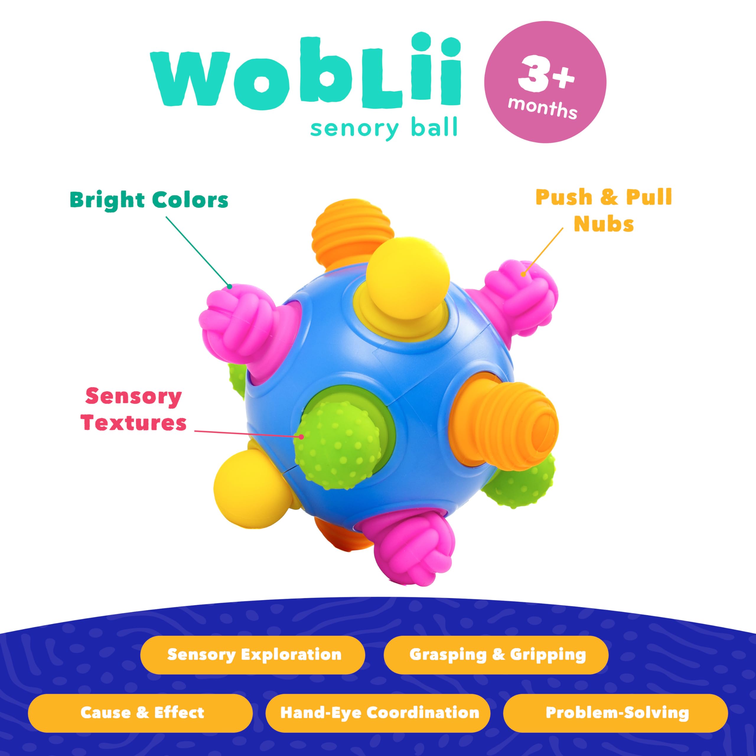 Mobi Woblii Activity Toy - Montessori Toys for 3 Month Old and Up, Sensory Ball Toy for Babies & Toddlers, Teething Toy Made with Food Grade Silicone, BPA and Phthalate Free - Pack of 1