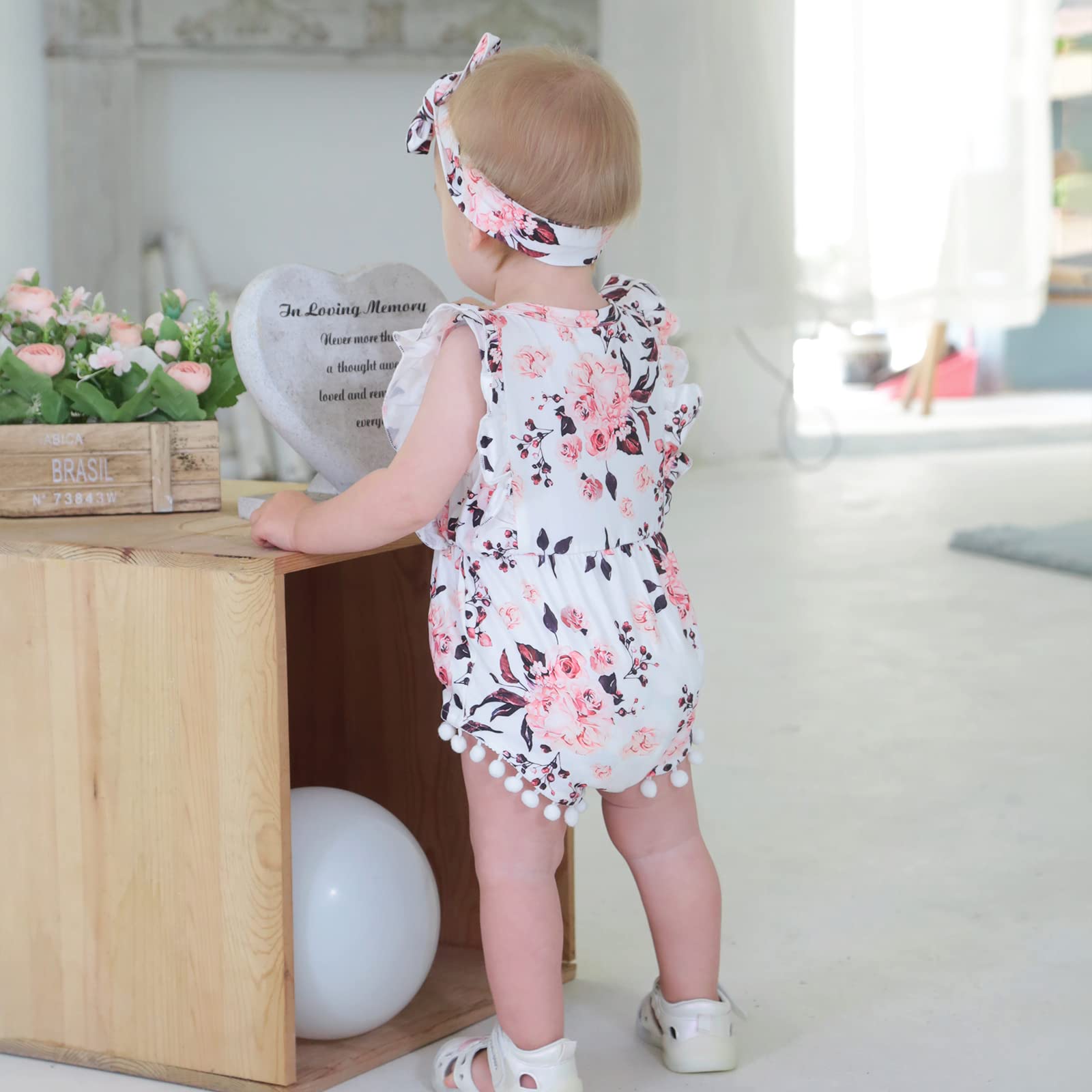 Hascloth Newborn Baby Girl Romper Infant Tassel Bodysuit Floral Dress Shorts Jumpsuit Ruffle Sleeveless Summer Clothes Outfit Set Brown 3-6Months