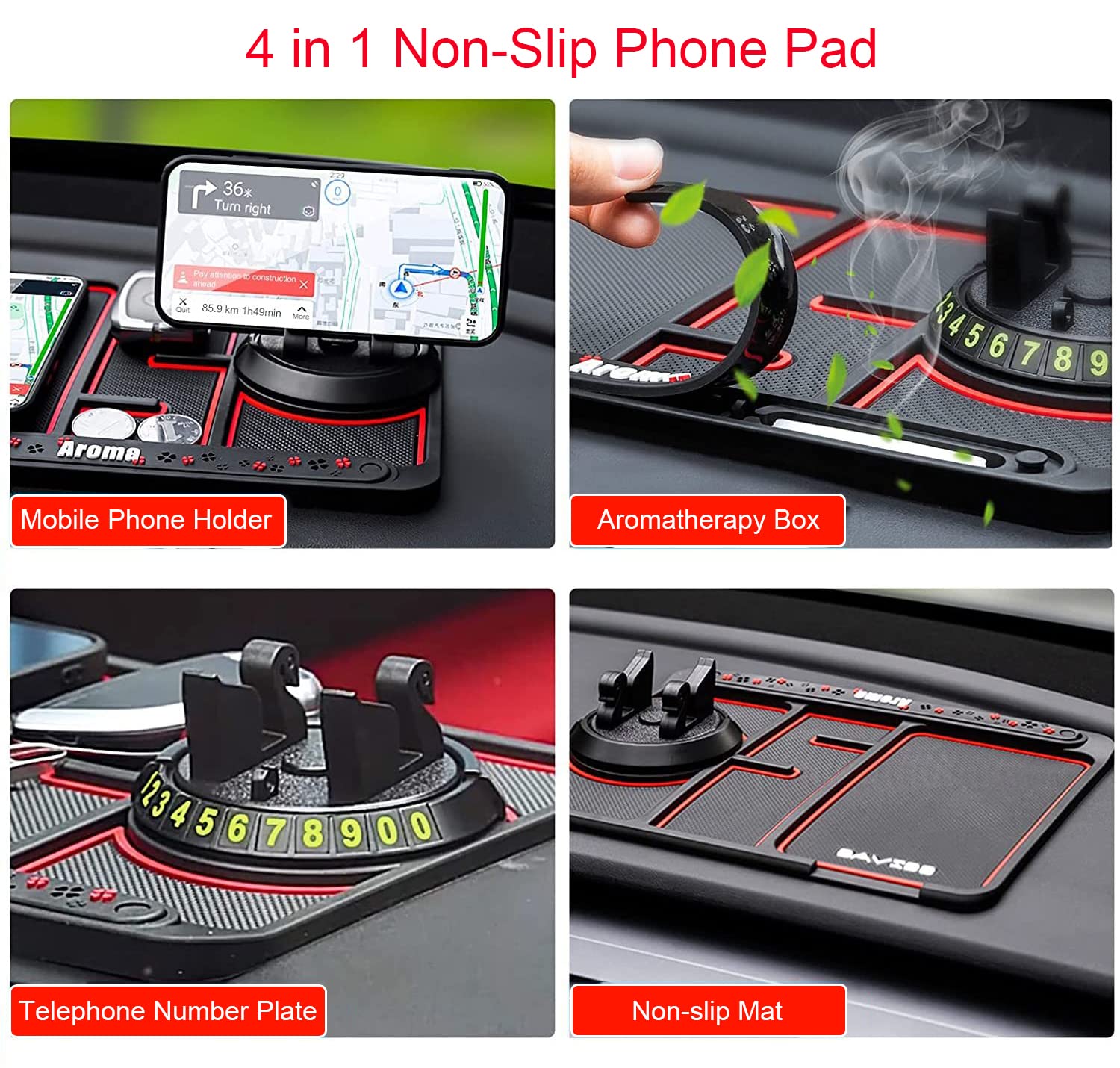 4 in 1 Non-Slip Phone Pad for Car, Anti-Slip Mat Car Phone Holder with Mount, Car Dashboard Accessories, Temporary Car Parking Card Number Plate and Aromatherapy