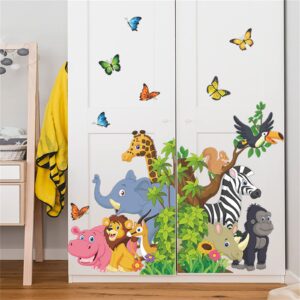 W-YANG Forest Animal Tree Wall Decals Elephant Zebra Giraffe Hippo Butterfly Lion Wall Sticker Great for Baby Nursery Kids Bedroom Playroom Living Room (Cartoon Forest Animal), Bright