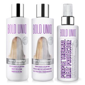 bold uniq purple shampoo, conditioner & purple heat protectant spray bundle. eliminate brassy yellow tones. thermal shield protection. paraben & sulfate free. vegan & cruelty free.